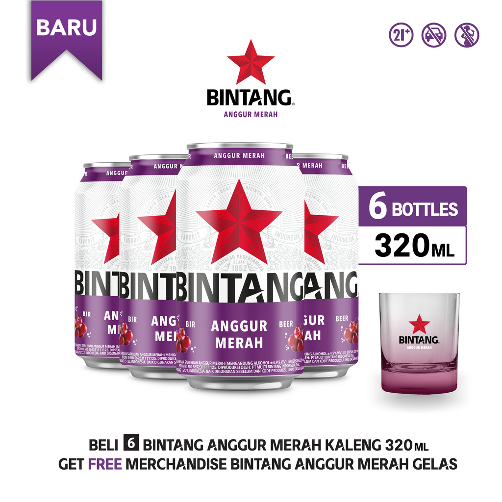 Jual Beer Bintang Anggur Merah Can 320ml 6Pcs FREE Gelas | Shopee Indonesia