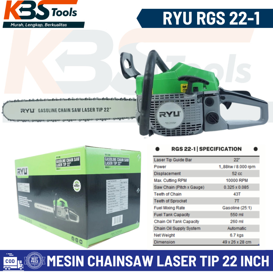Jual RYU Mesin Chainsaw Gergaji Kayu Pohon 2 Tak 22" Bar - Gasoline ...
