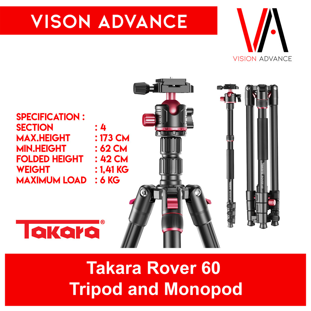 Jual Takara Rover 60 Compact 2 in 1 Traveller Tripod Flatlay Monopod ...