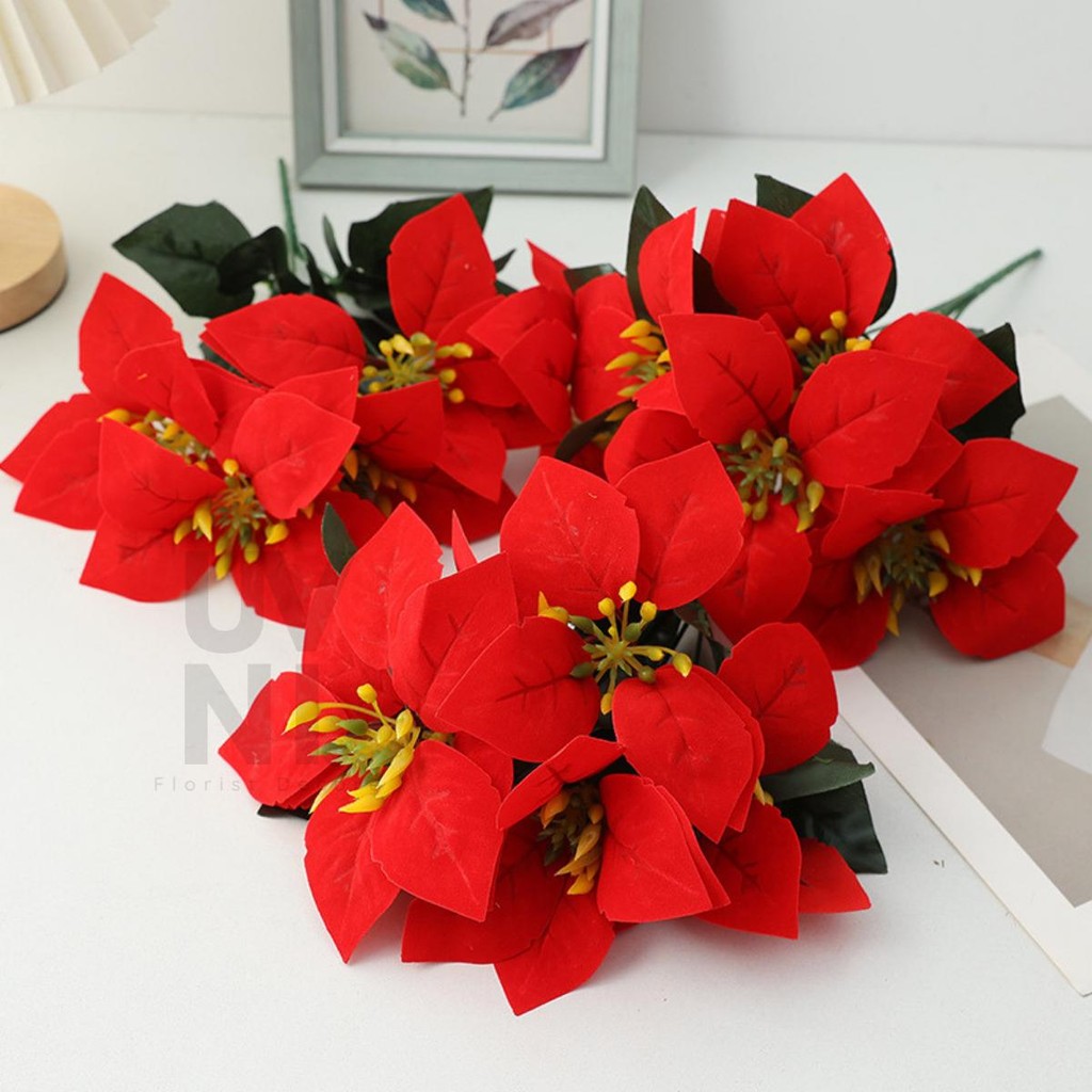 Jual Bunga Kastuba Poinsettia Bunga Plastik 5 Cabang Tanaman Hias Merah ...