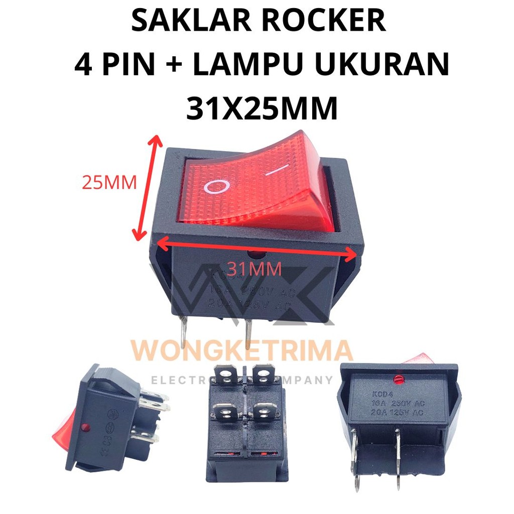 Jual Saklar Rocker 4 Pin Ukuran 31x25mm Switch on Off Besar Plus Lampu ...