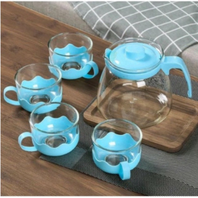Jual Teapot Set Kaca 5in1 Warna / Teko Kaca isi 5pcs / Teapot Gelas Set ...