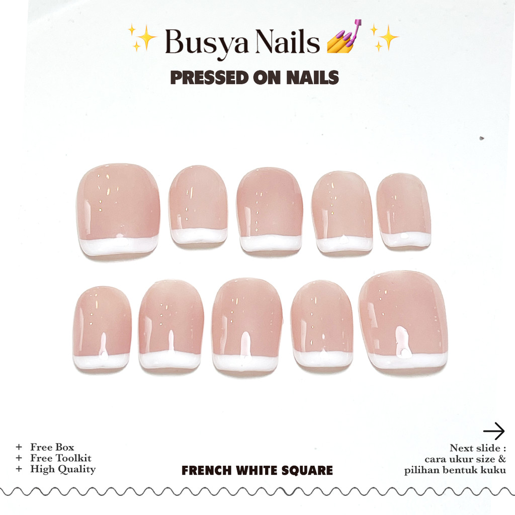 Jual Busya Nails - French White Square Pressed On Nails Gel Free ...