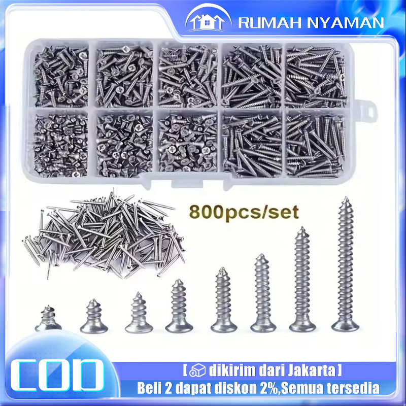 Jual 800pcs Self Tapping Wood Screws Set M2 Phillips Flat Head Sheet Metal Screw Self Tapping ...