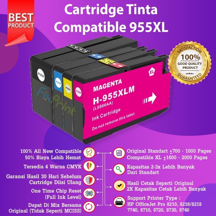 Jual FixPrint PAKET CMYK Cartridge Tinta HP 955XL 955 XL Printer 8210 8720 7720 7740 | Shopee ...
