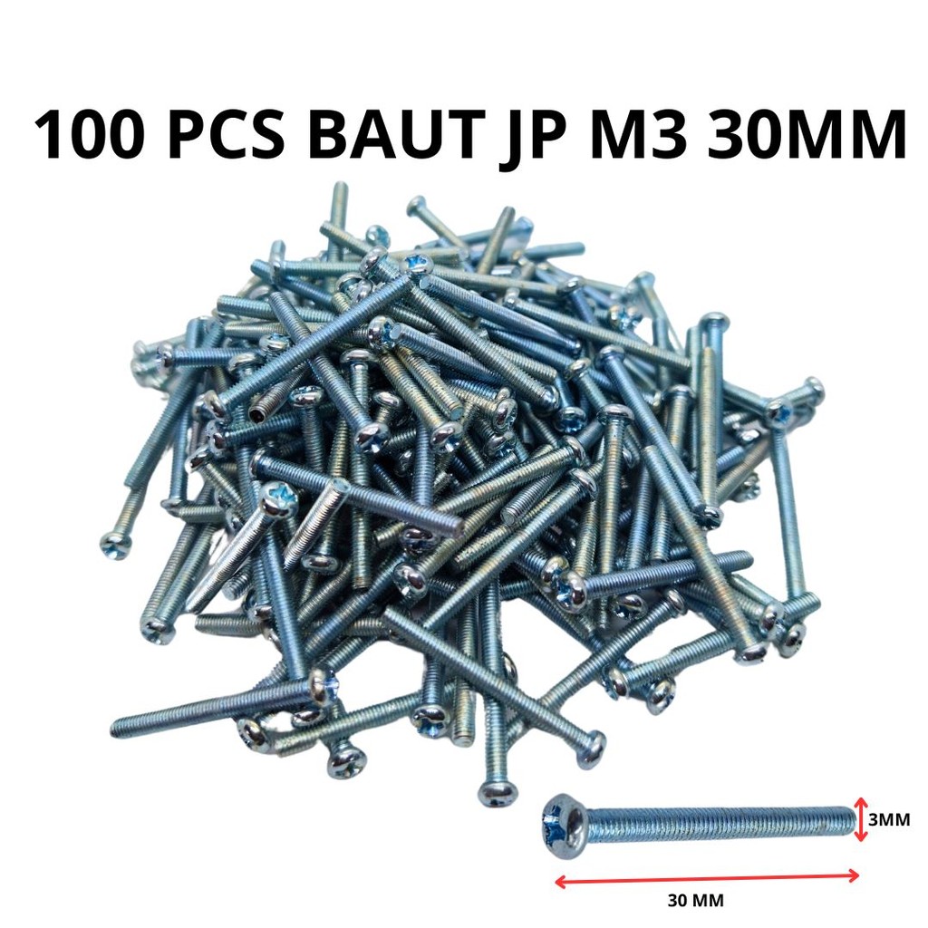 Jual 100 PCS BAUT M3 X 30 DIAMETER 3MM PANJANG 30MM | Shopee Indonesia