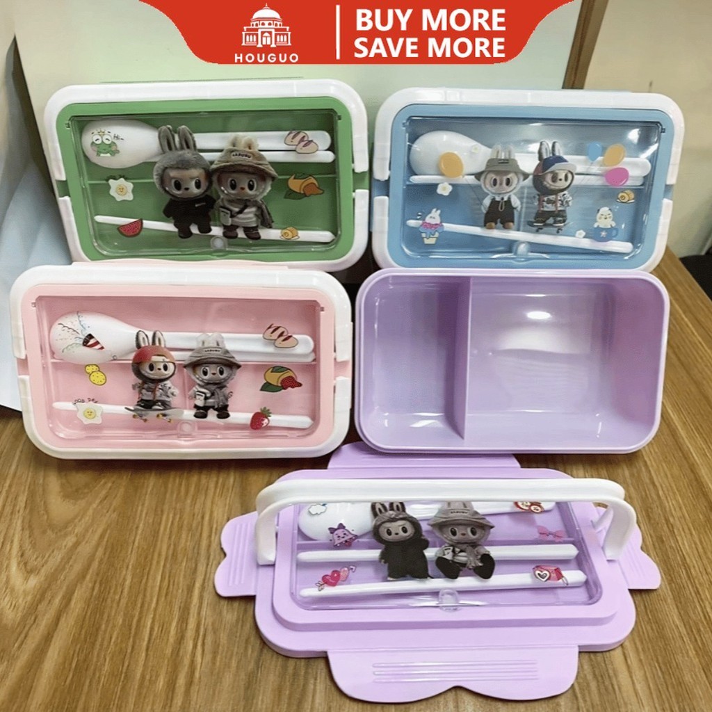 Jual HOUGUO Labubu Lunch Box Kotak Bekal Anti Tumpah 2 Grid 1100ML / PP Lunch Box Set Kotak ...