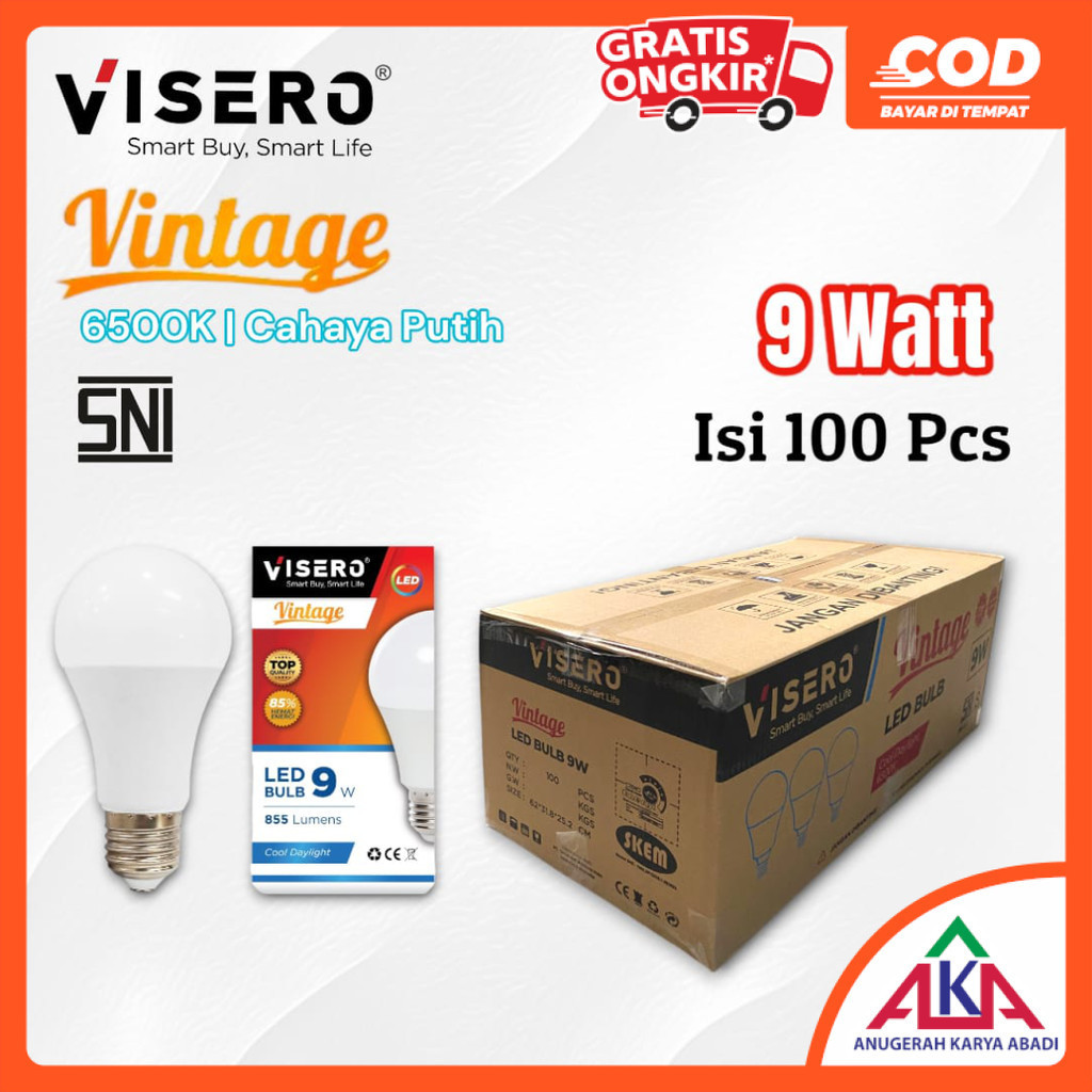 Jual 1 Dus / 1 Koli VISERO VINTAGE Bohlam Lampu LED 9W 1 Dus isi 100 Pcs SNI - Putih | Shopee ...