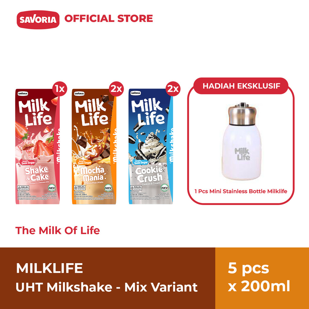 Jual MilkLife UHT Milkshake Mix Variants 5 Pcs x 200ml + Gratis Stainless Bottle | Shopee Indonesia