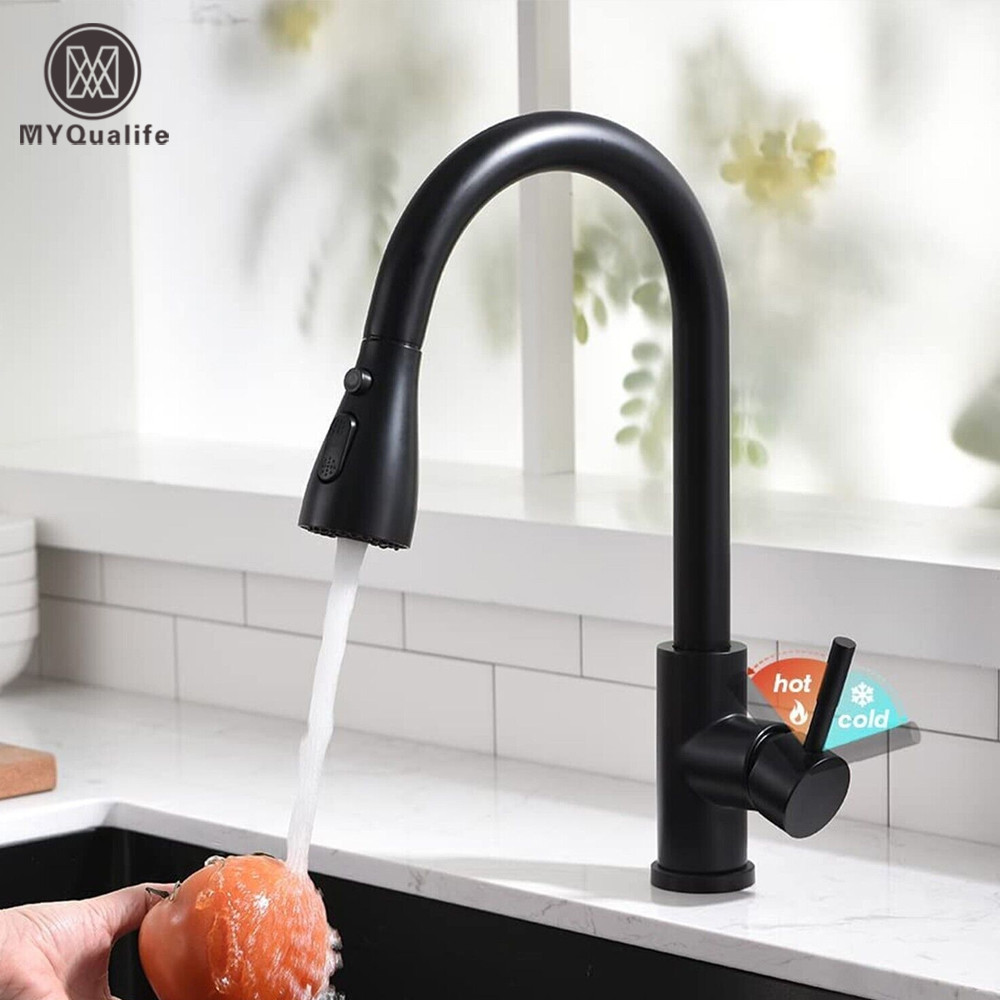 Jual Black Pull Out Kitchen Sink Faucet Deck Mounted Stream Sprayer ...