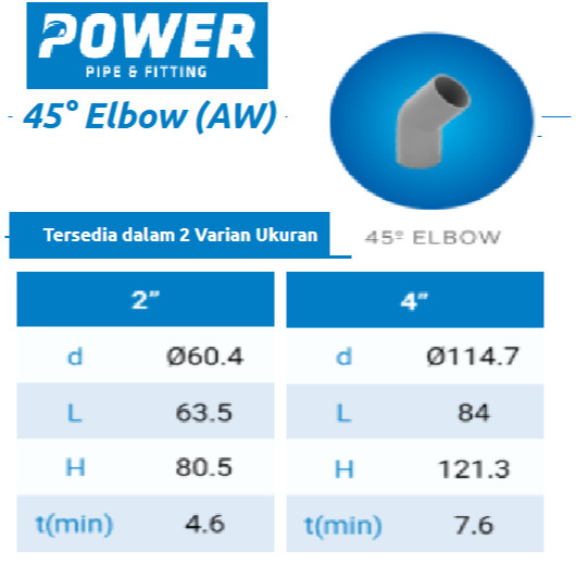 Jual ELBOW EL KNE KNEE 45 DERAJAT PIPA PVC POWER TEBAL (AW) UKURAN 2 ...