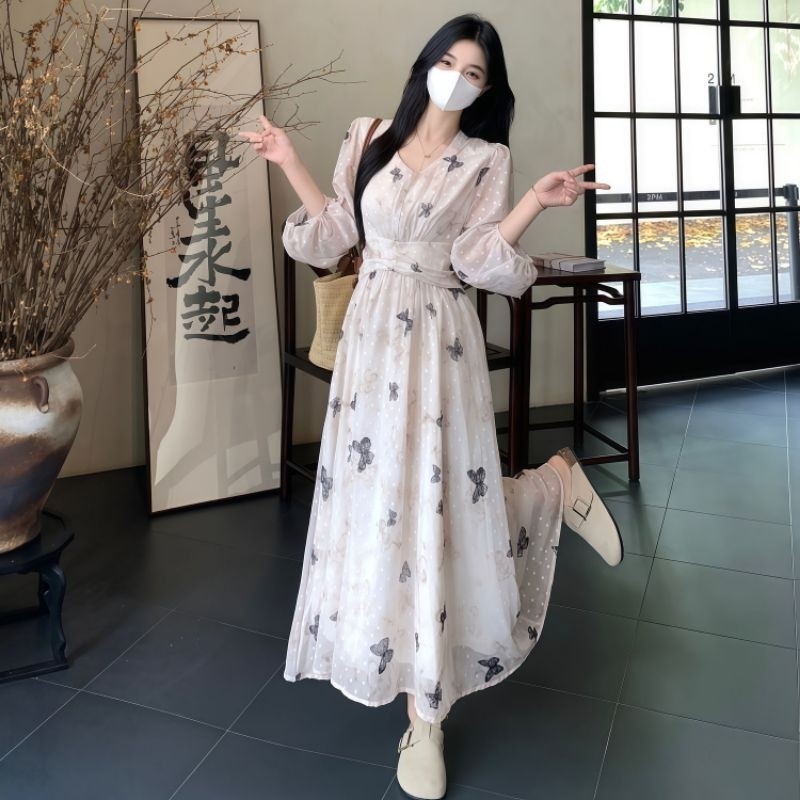 Jual Women's Fairy Dress V-Neck Sifon Gaun Motif Bunga Elegant Party ...