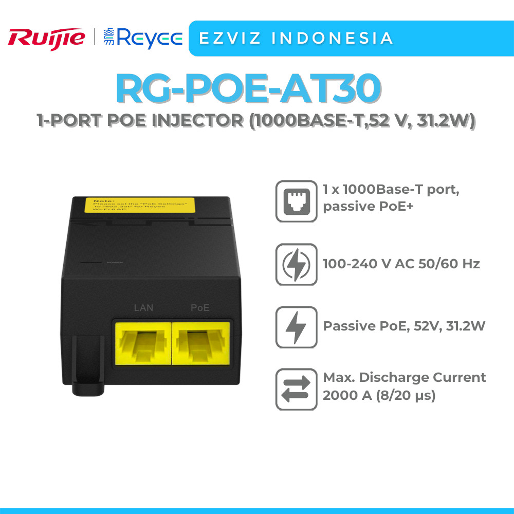 Jual RUIJIE REYEE RG-POE-AT30 1-PORT POE INJECTOR (1000BASE-T,52 V, 31.2W) | Shopee Indonesia