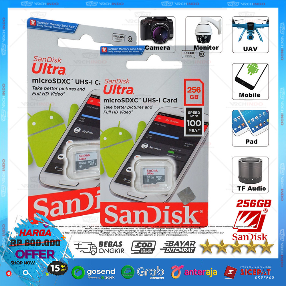 Jual Micro SD 256GB Sandisk ULTRA UHS-I A1 Class 10 Merah - Abu ...
