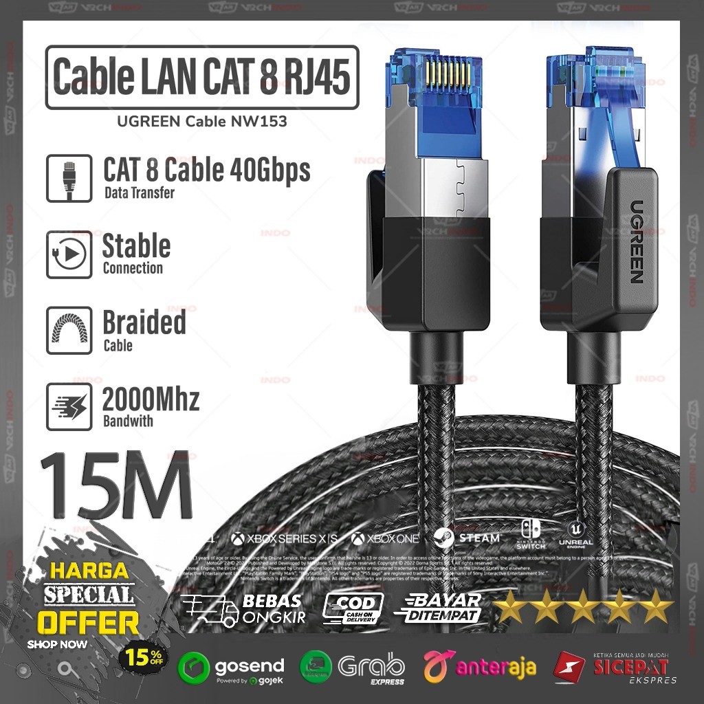 Jual Kabel Lan STP Ugreen Cat8 RJ45 Panjang 1500CM / 15M / 15 Meter ...