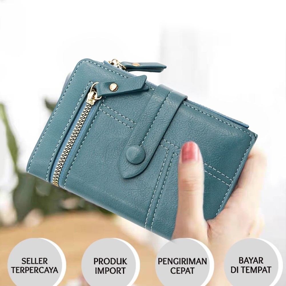 Jual Dompet Wanita Kartu Tunai Lipat Tiga Multi Slot Penutup Jepret Kulit PU Portabel Pendek ...