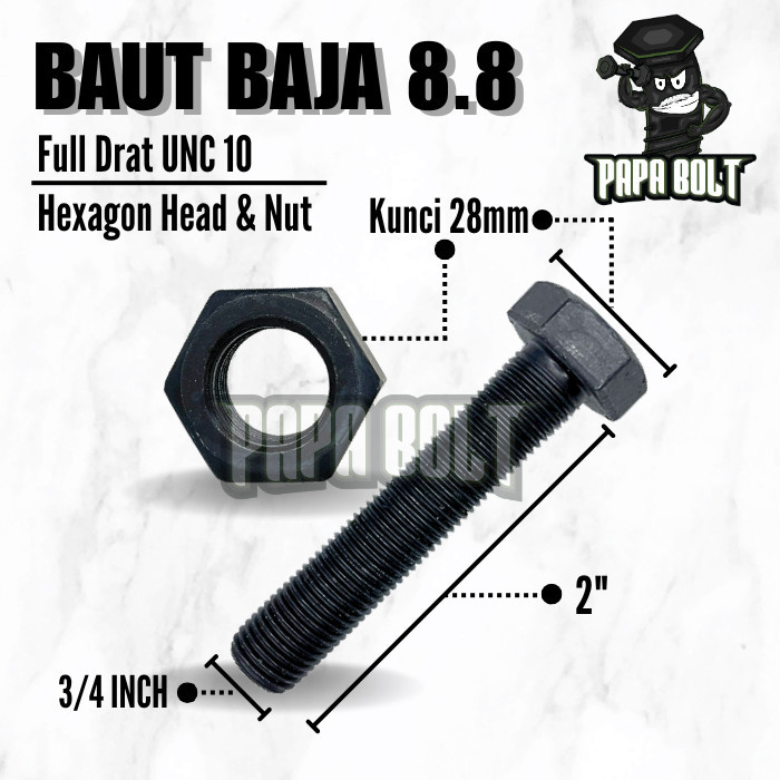 Jual Baut Mur Baja 8.8 UNC 3/4" x 2 Inch Full Drat Kunci 28 | Shopee Indonesia