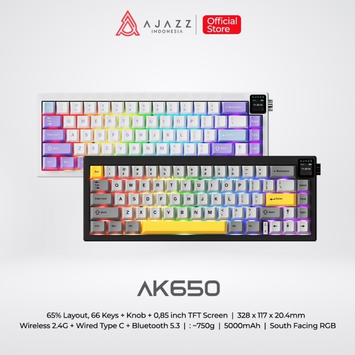 Jual Ajazz AK650 Mechanical Keyboard Three Mode RGB with 0.85-inch TFT Color Screen and Knob ...