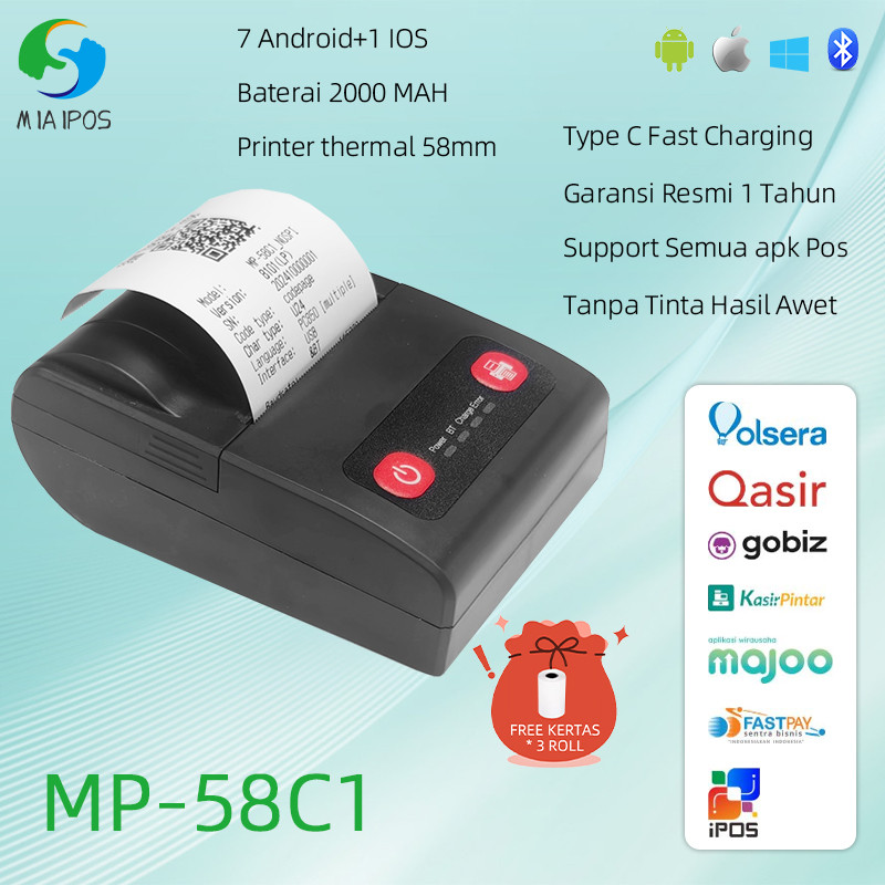 Jual Printer Thermal Bluetooth Mini Portable Printer Struk Support Moka Gobiz Grab Gratis 3 Rol ...