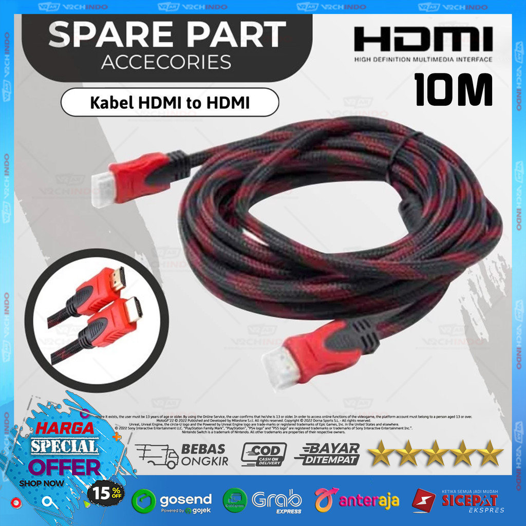 Jual Kabel HDMI Male to HDMI Male Panjang 1000CM / 10M / 10 Meter High Quality Serat Jaring ...