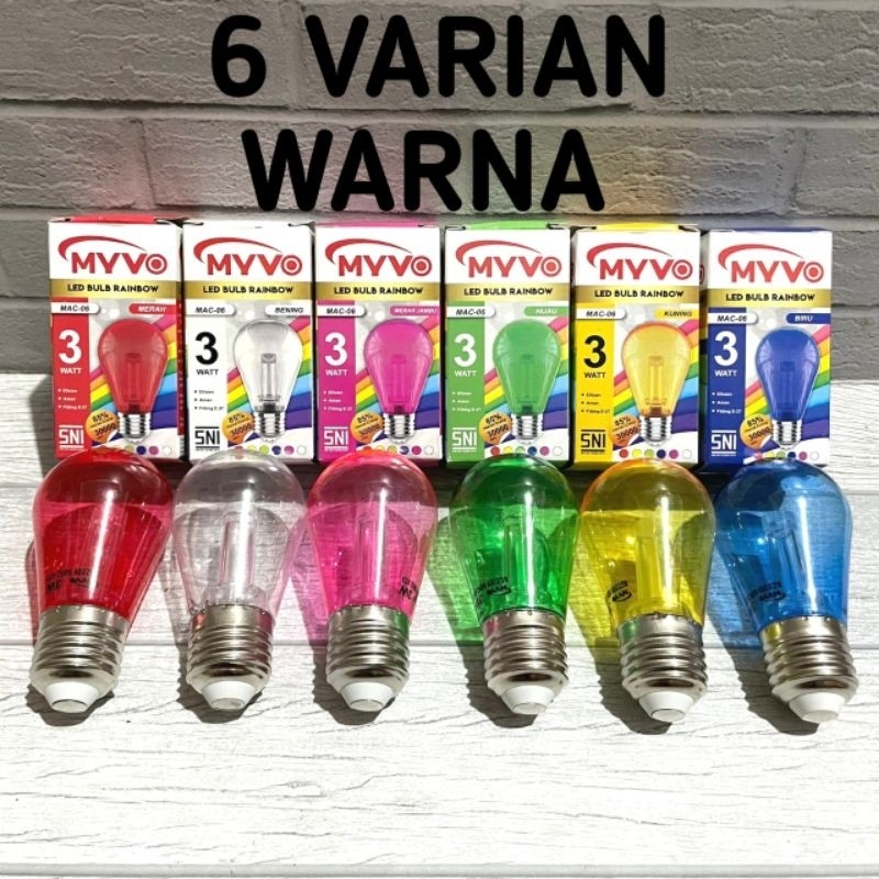 Jual MYVO RAINBOW LAMPU LED BULB WARNA 3W MODEL PIJAR LAMPU HIAS SNI ...