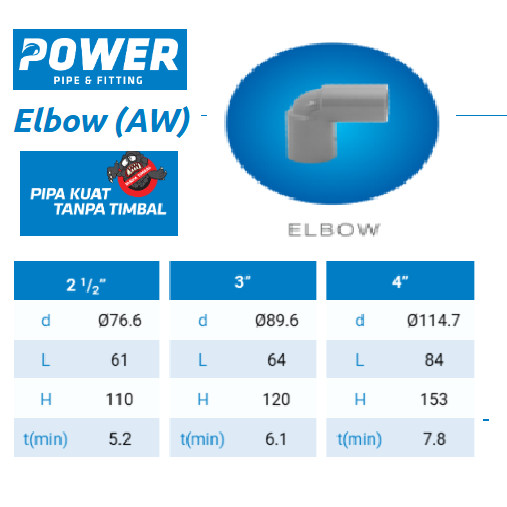 Jual ELBOW EL KNE KNEE PIPA PVC POWER TEBAL (AW) UKURAN 21/2'' 3'' 4 ...