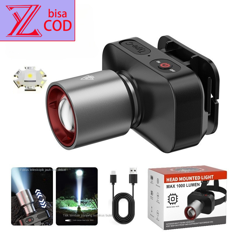 Jual Senter Kepala Led Zoom USB Charging Senter Super Terang Putih 1000 ...