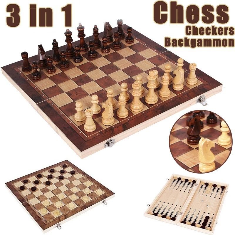 Jual 3 in 1 Chess Board, Folding Wooden Portable Chess Game Board ...