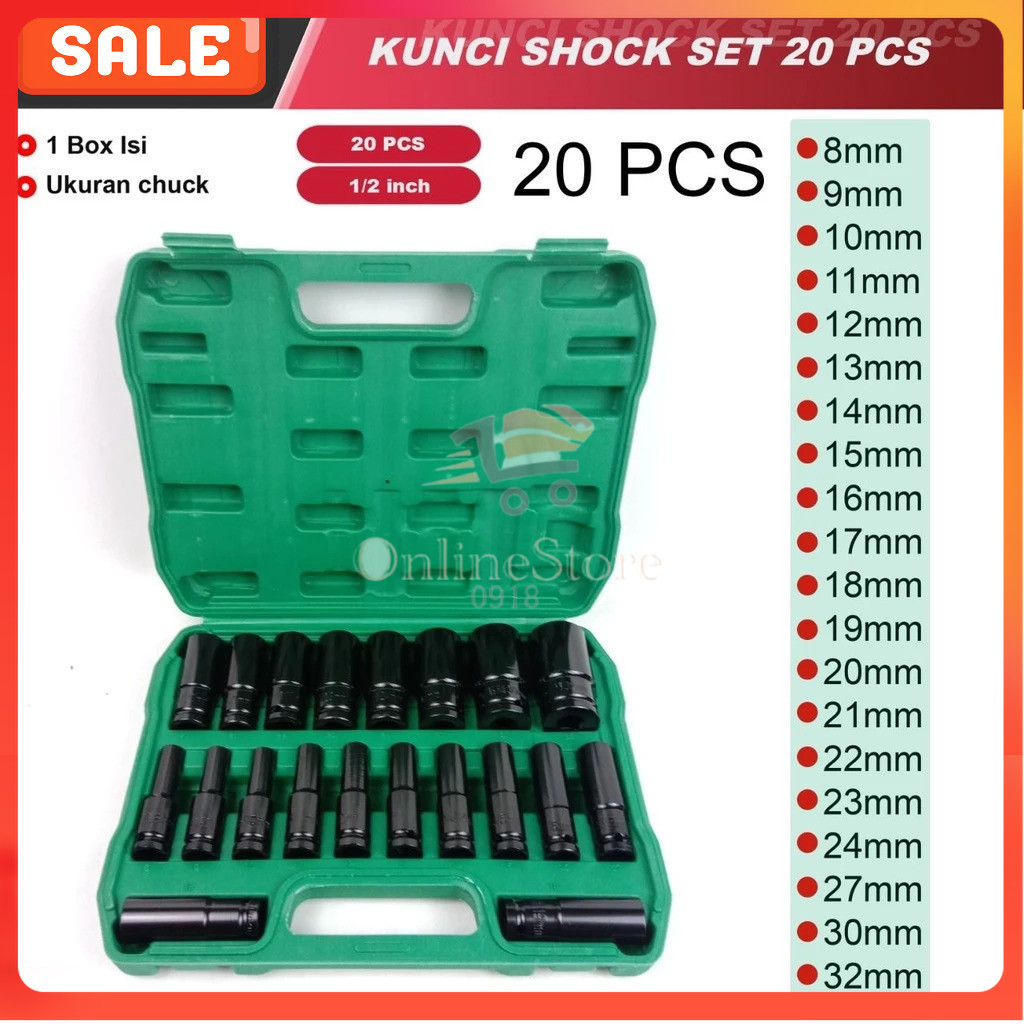 Jual OS-E109-20PCS Impact Wrench Socket 1/2 Inch 8-32MM Mata Sok ...