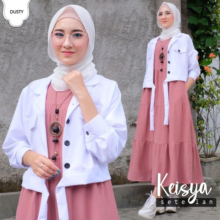 Jual setelan rompi dan gamis perempuan set kardigan panjang overall ...