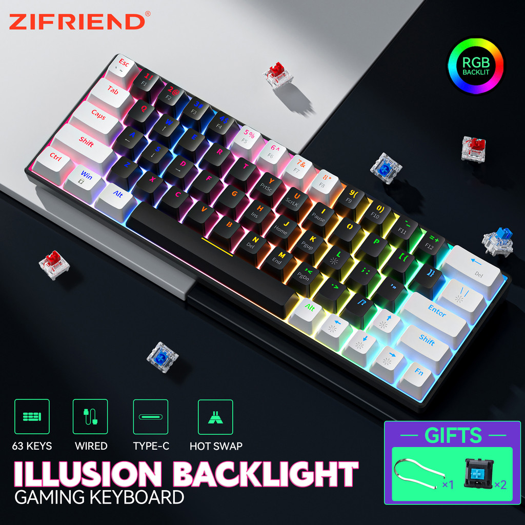 Jual ZIFRIEND 63 Keys Mechanical Keyboard Wired Type-C Hot Swap 60% RGB ...
