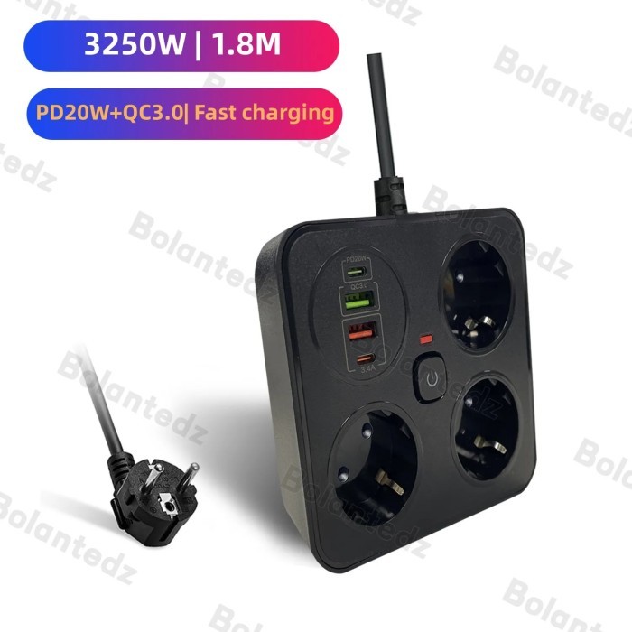 Jual Stop Kontak Listrik 3 Lubang 3250 W Dengan 4 Port USB Type C Fast Charging Universal ...