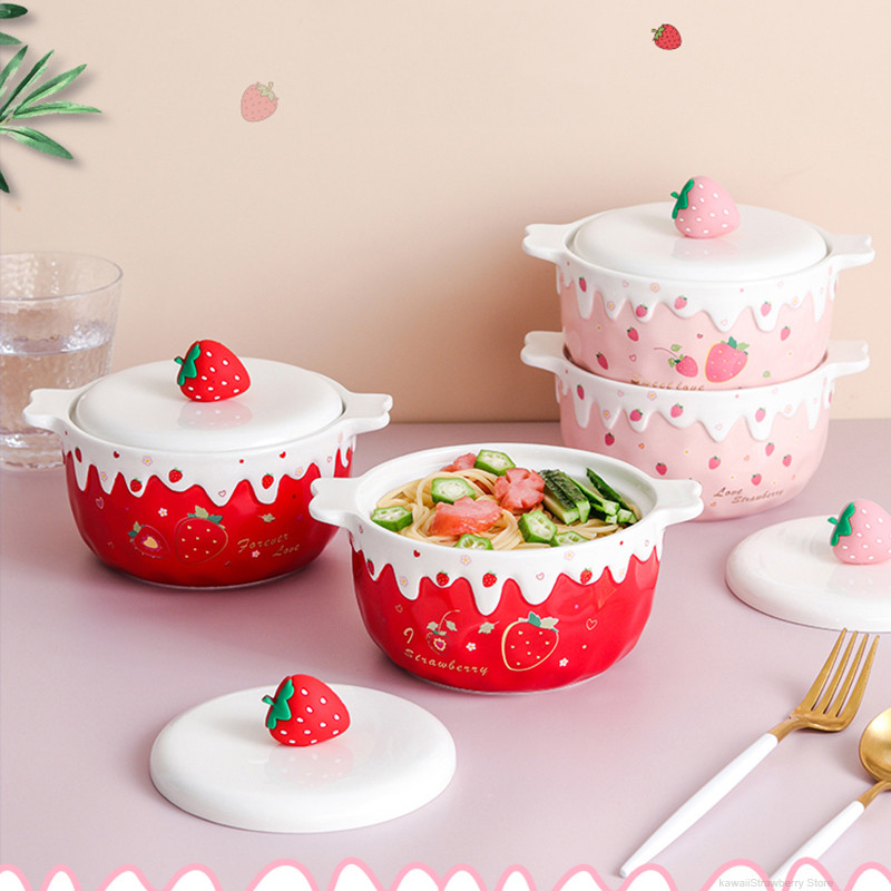 Jual Kawaii Strawberry Ramen Bowl With Lid Ceramics Cute Large Fruit ...