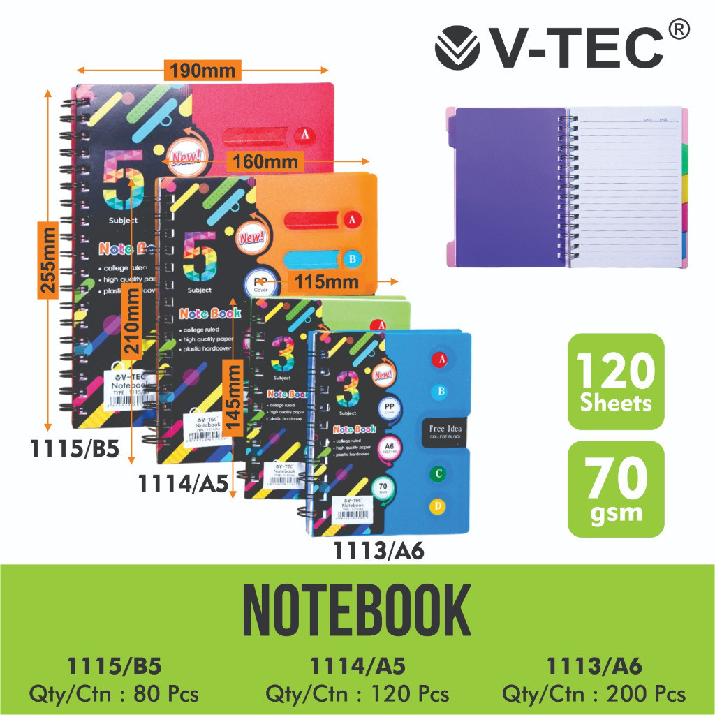 Jual V Tec Notebook Spiral A6 A5 B5 Bergaris 120 Sheet 70 gsm - V-Tec ...