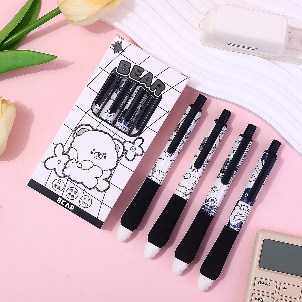 Jual BEST! PULPEN GEL ISI 4 PCS MOTIF BERUANG MONOKROM DENGAN BANTALAN ...