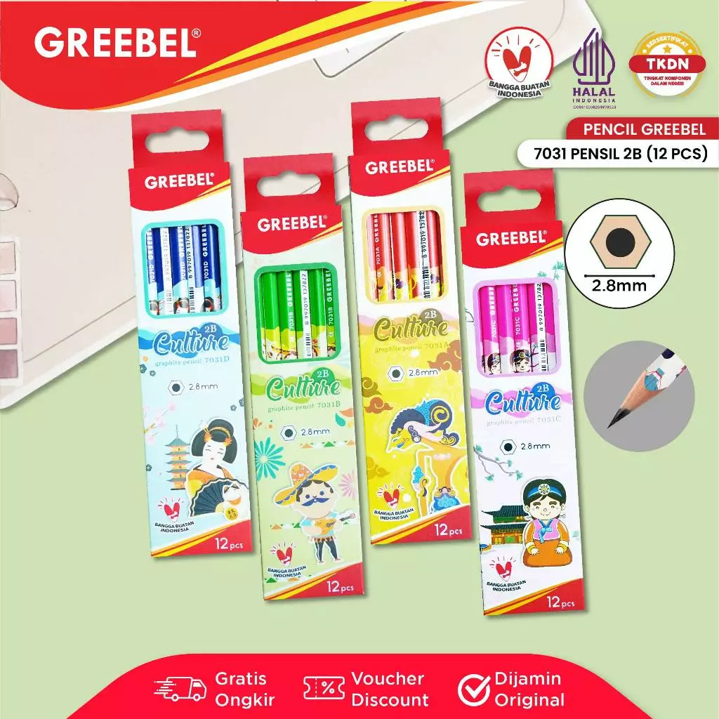 Jual GREEBEL Pensil Kayu 2B 7031 Culture (12pc) | Shopee Indonesia