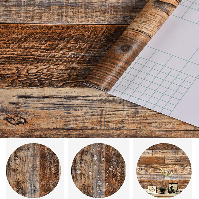 Jual DIY Brown retro wood like texture peeling and pasting wallpaper ...
