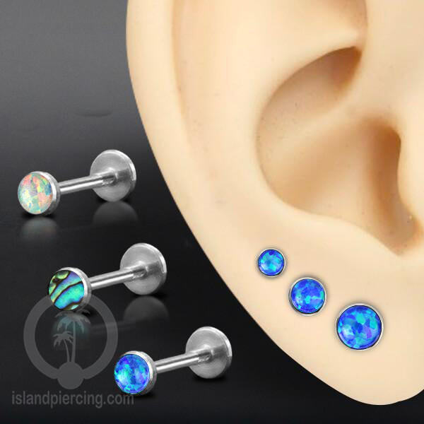 Jual Piercing labret stainless steel warna silver dengan batu Opal biru ...