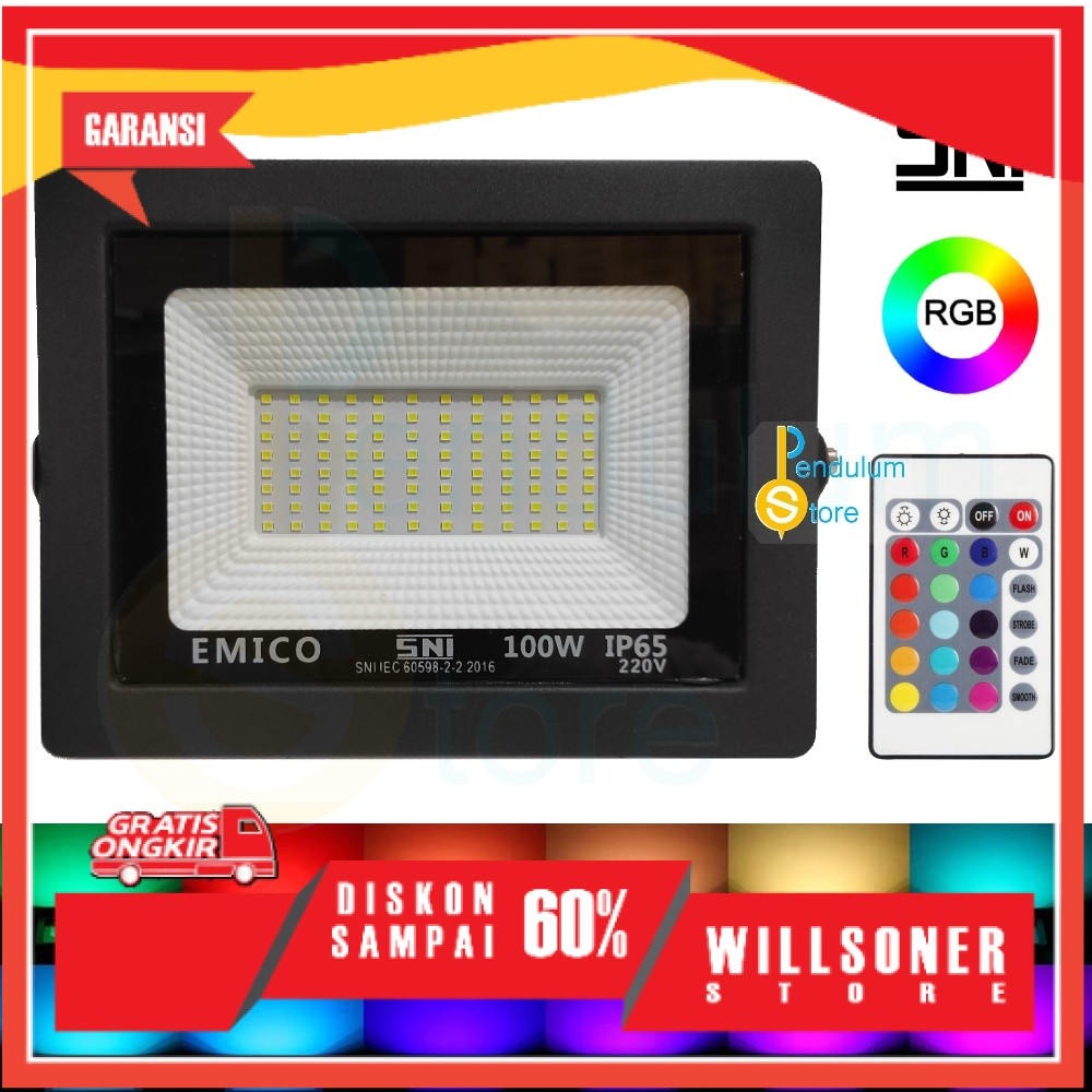 Jual Lampu Sorot Emico 100 watt RGB Remote LED SMD SNI Waterproof IP65 Lampu Tembak Floodlight ...