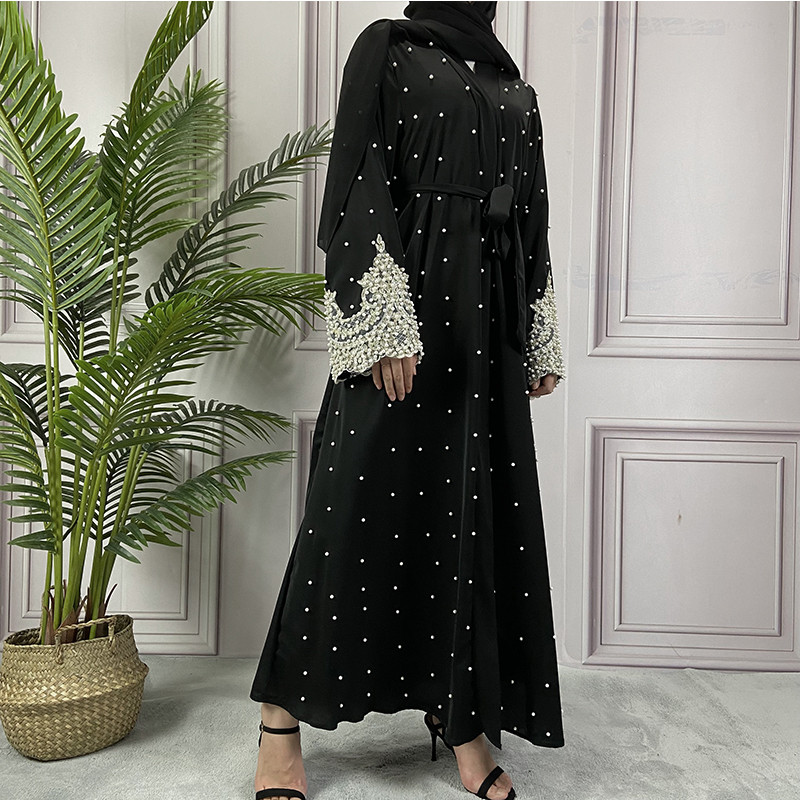 Jual Black Abaya Muslim Kimono Open Pearls Dress Dubai Turkey Islam Arabic Abayas For Women ...