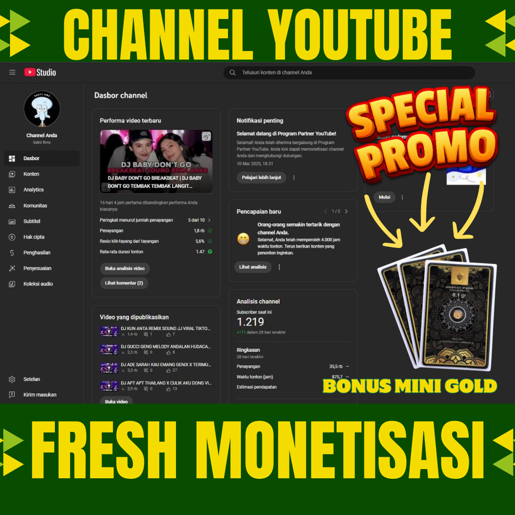 Jual CHANNEL YOUTUBE SUDAH MONETISASI (FRESH) TINGGAL PAKAI AKUN YT ...
