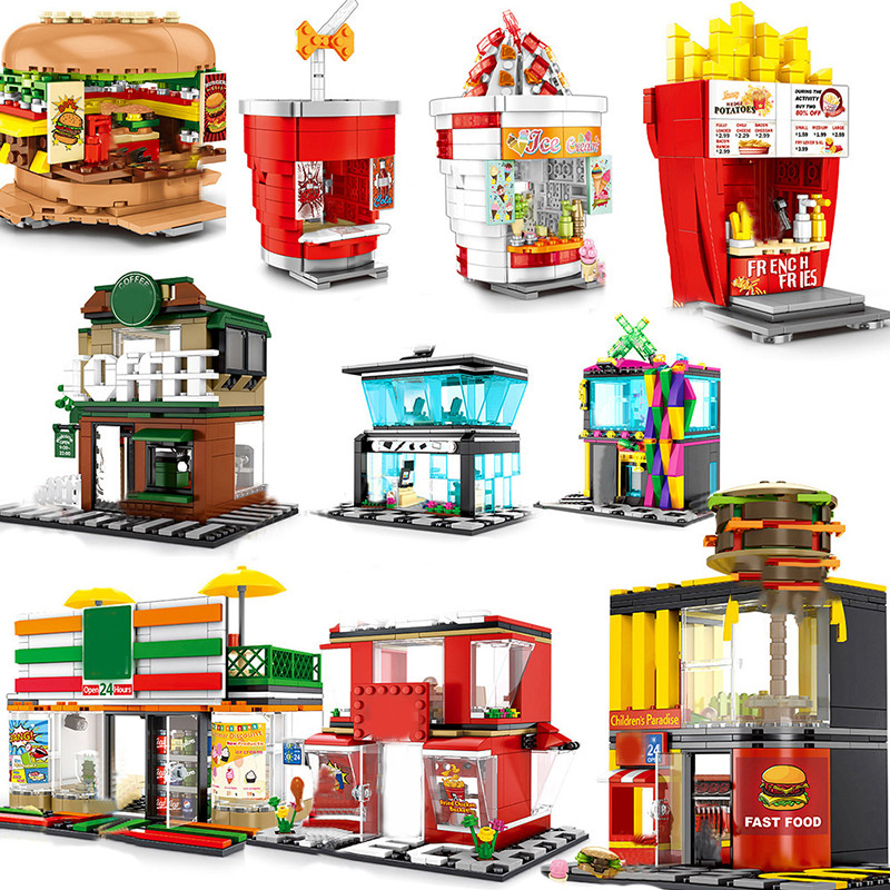 Jual Mini Shop Market Street View Sets Model Building Blocks Hamburger ...