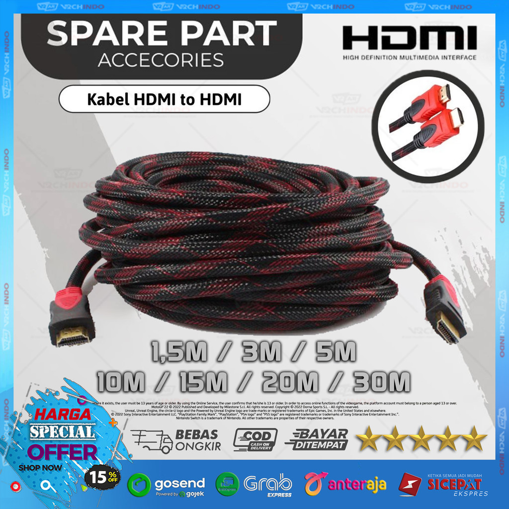 Jual Kabel HDMI to HDMI Panjang 1.5M / 3M/ 5M / 10M / 15M Meter Serat ...