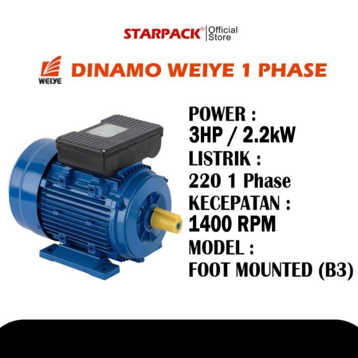 Jual WEIYE Dinamo Listrik 3 HP / 2.2kW 1 Phase 1400RPM Electric Motor 2 Pole B3 | Shopee Indonesia