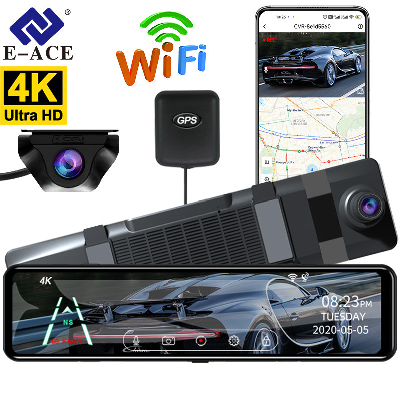 Jual E-ACE 12 Inch 4K Car Dvr Mirror WiFi GPS IPS Screen Stream Rear View Dash Cam Mirror Dual ...