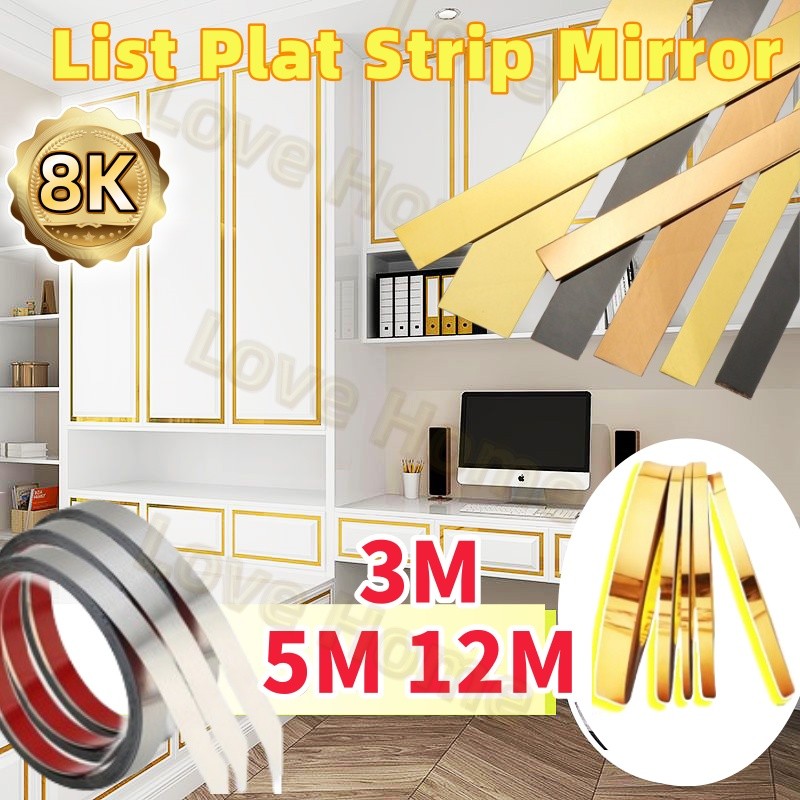 Jual 12/5M/3M List Plat Strip Mirror Gold / Wall Sticker Stainless 10K ...