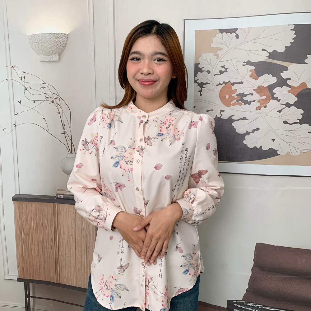 Jual Motif Cetak Bunga Halus | Lengan Panjang | Kerah Bulat | Gaya ...