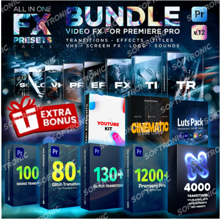 Jual All in One FX Presets Bundle v.12 for Premiere Pro | Transitions, Titles, Effects, VHS ...
