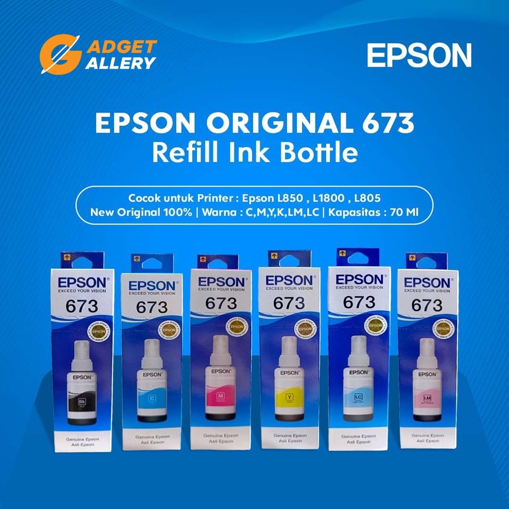 Jual Tinta Epson 673 T673 Original Cyan Magenta Yellow Black Light Ink ...