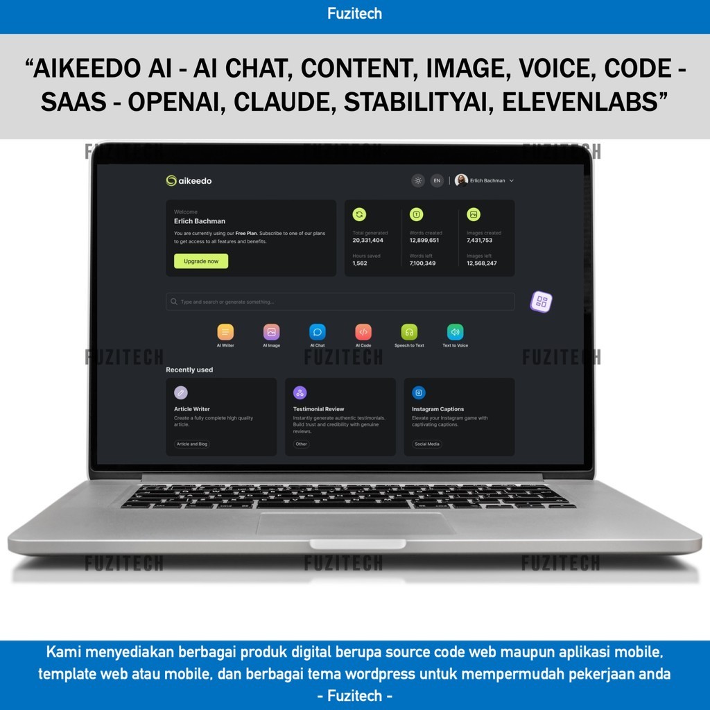 Jual SOURCE CODE APLIKASI WEB AIKEEDO AI - AI CHAT, CONTENT, IMAGE, VOICE, CODE - SAAS - OPENAI ...